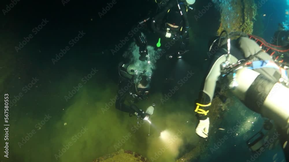 Wreck inside view in underwater submarine world of ships from World War ...