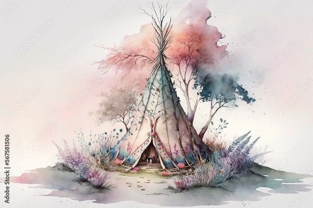 Teepee tipi with trees and flowers watercolor, Generative AI Stock ...