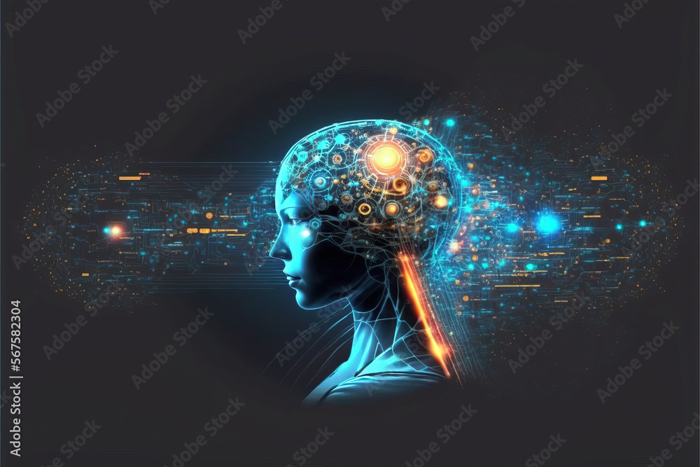 artificial intelligence female head with binary code matrix background, 3d art line plexus style ...