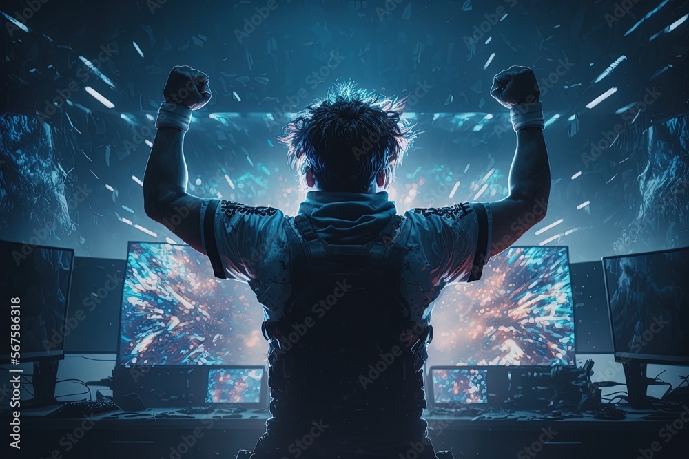 Professional eSports gamer rejoices in the victory in red blue ...