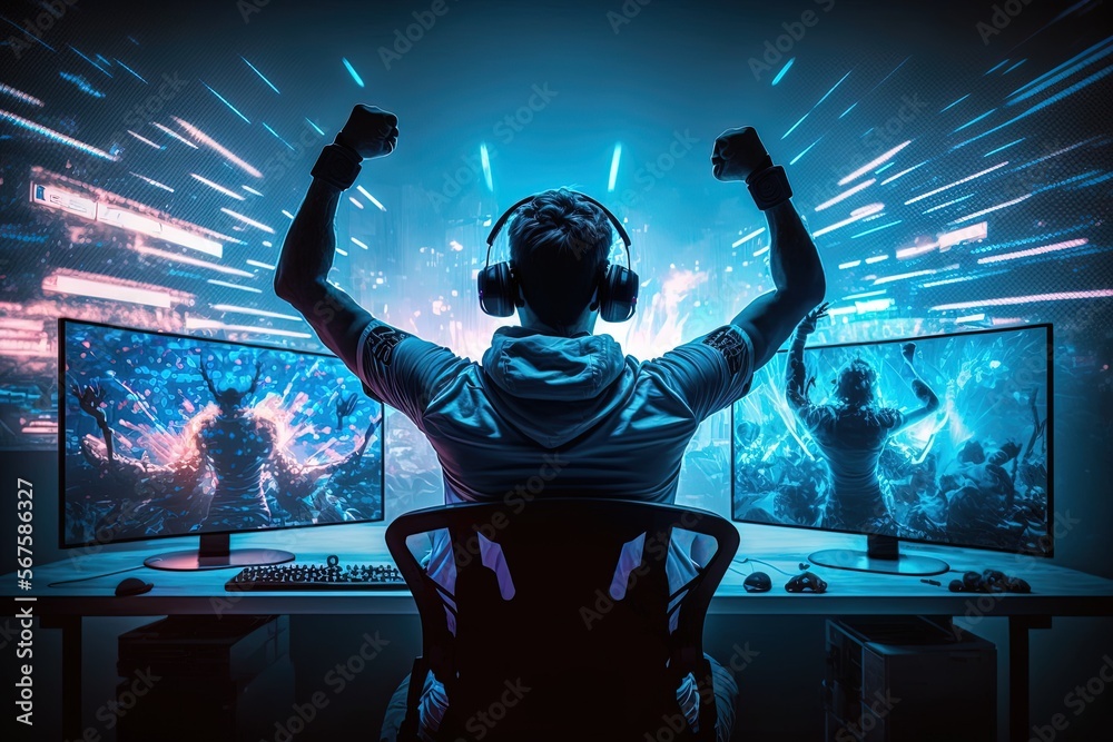 Professional eSports gamer rejoices in the victory in red blue ...