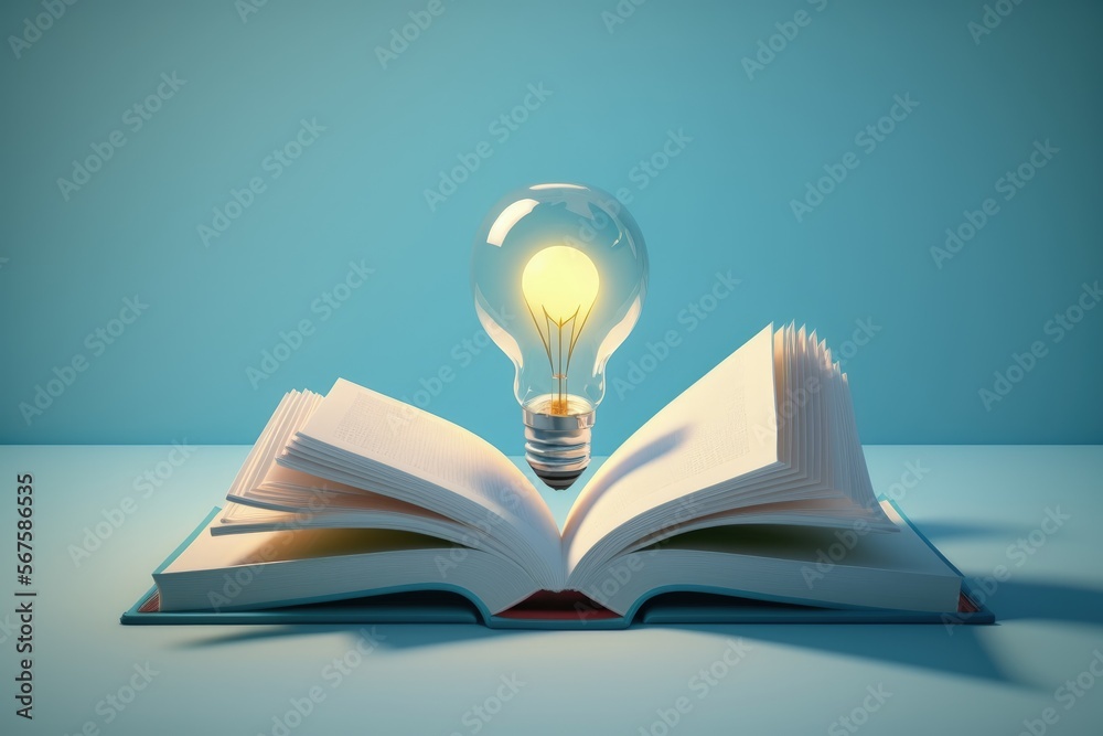Open book with light bulb, concept of creativity and innovation, blue ...