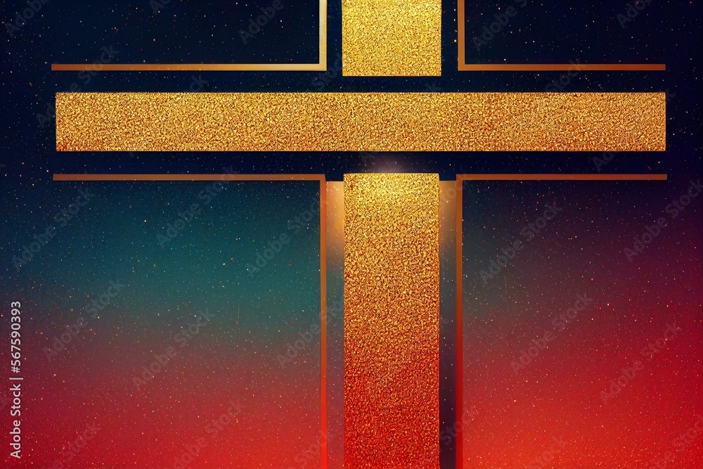 Religious cross in abstract wallpaper with shining gold sparkles and ...