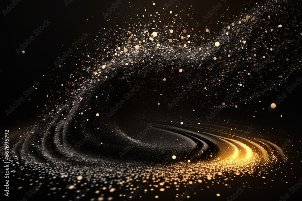 Glitter gold background exploded with flares isolated in dark black ...