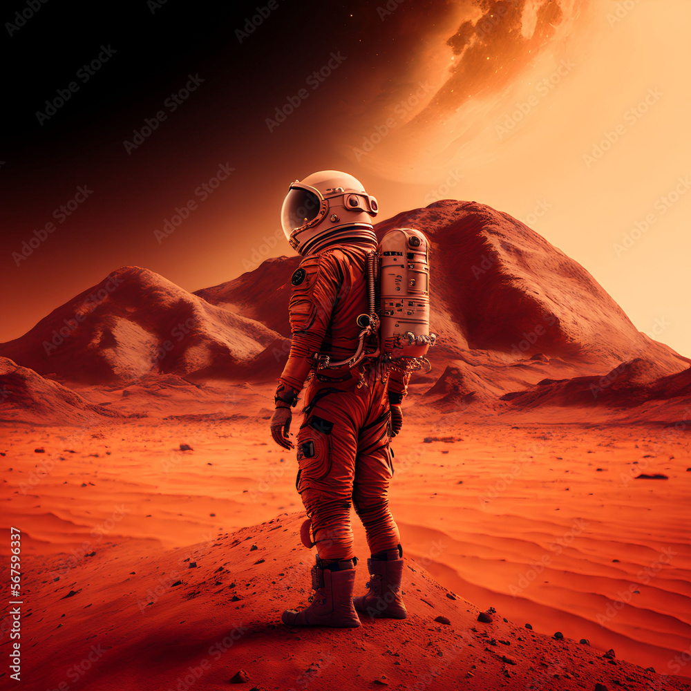 Astronaut in spacesuit on Mars, alone man walking on red planet, An ... Astronaut in spacesuit on Mars, alone man walking on red planet, An ...