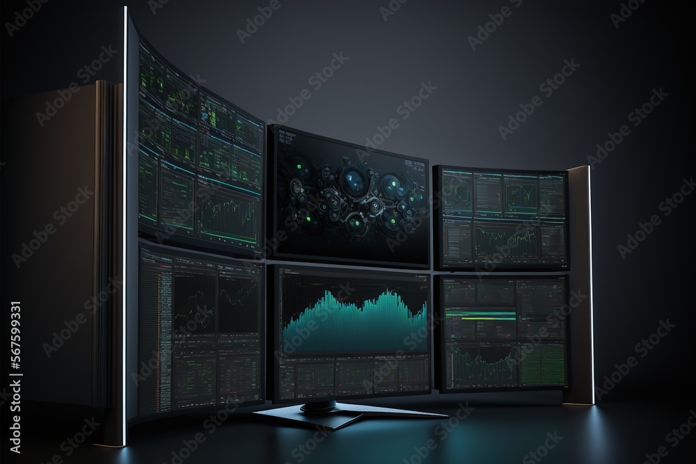 Dark room with many screens as a trading setup with charts on the ... Dark room with many screens as a trading setup with charts on the ...