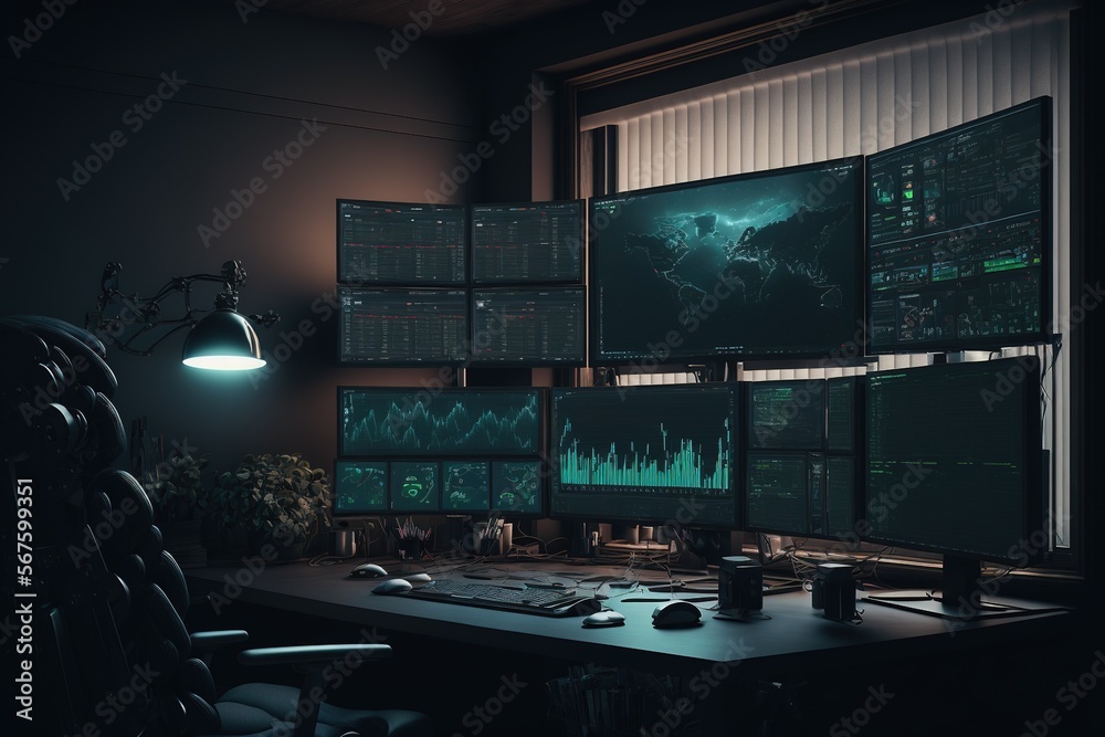 Dark room with many screens as a trading setup with charts on the ...