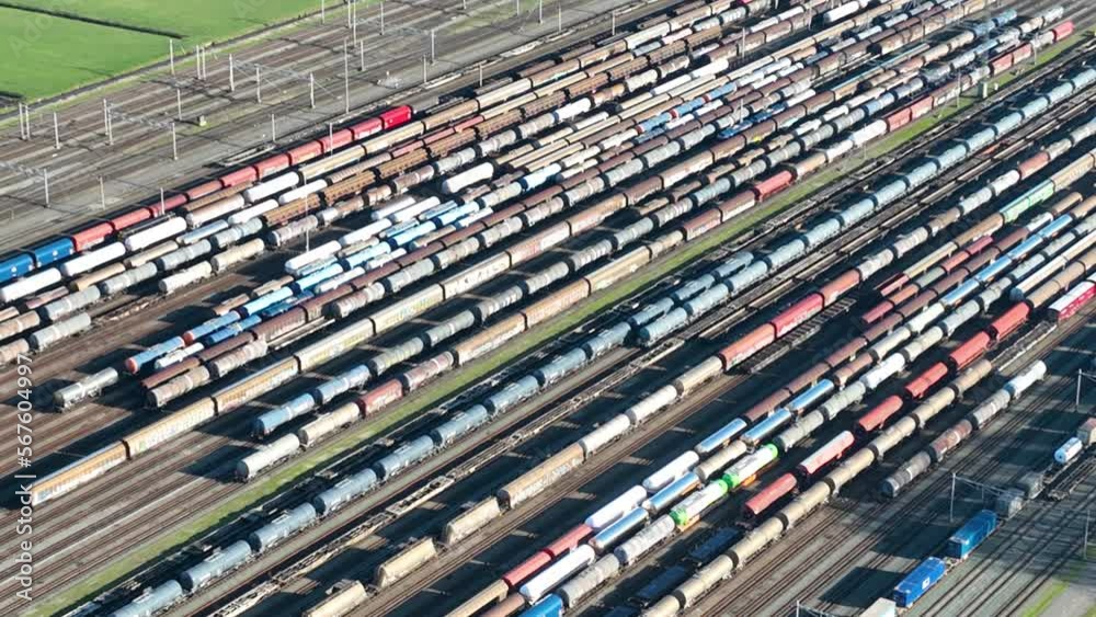 Stockvideo Drone footage captures a bird's-eye view of a bustling train ...