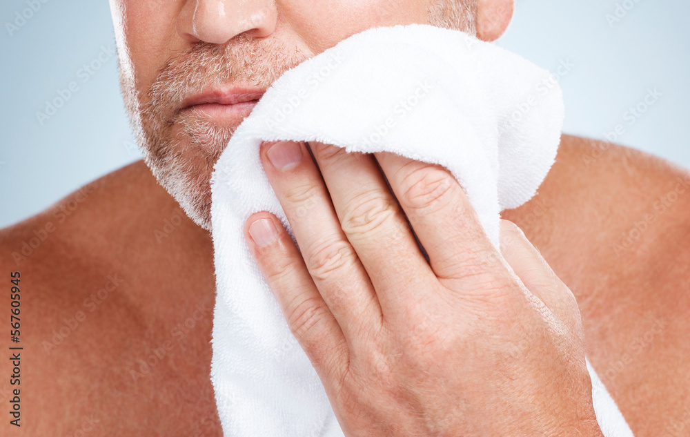 Closeup, old man and towel to dry face, clean and hygiene for healthy ...