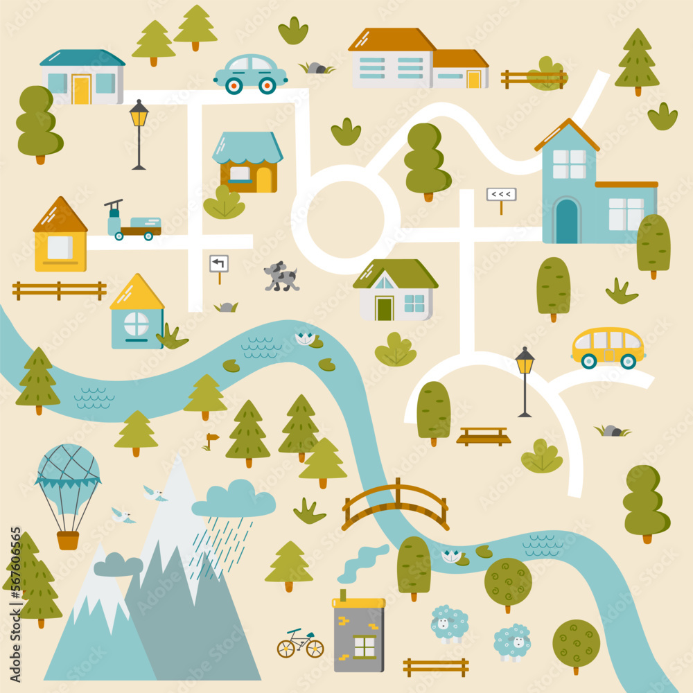 Cute town map for kids room. Landscape with lot details. Vector ...
