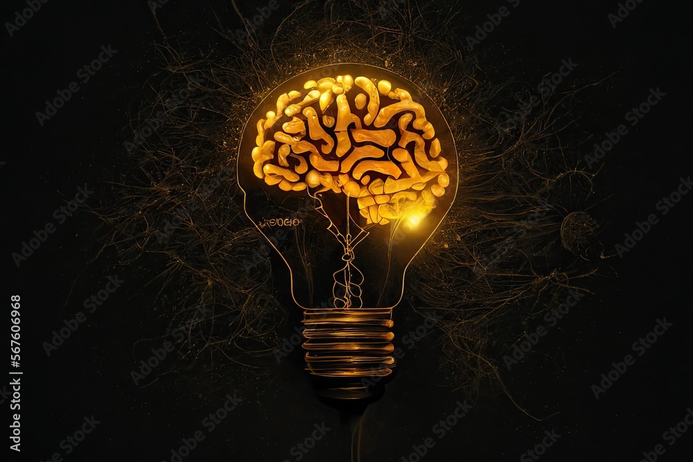 Brain in a light bulb and nerve impulses on a black background. Idea ...