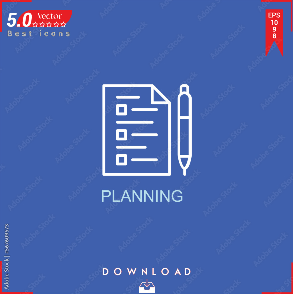 PLANİNG icon vector on blue background. Simple, isolated, flat icons ...