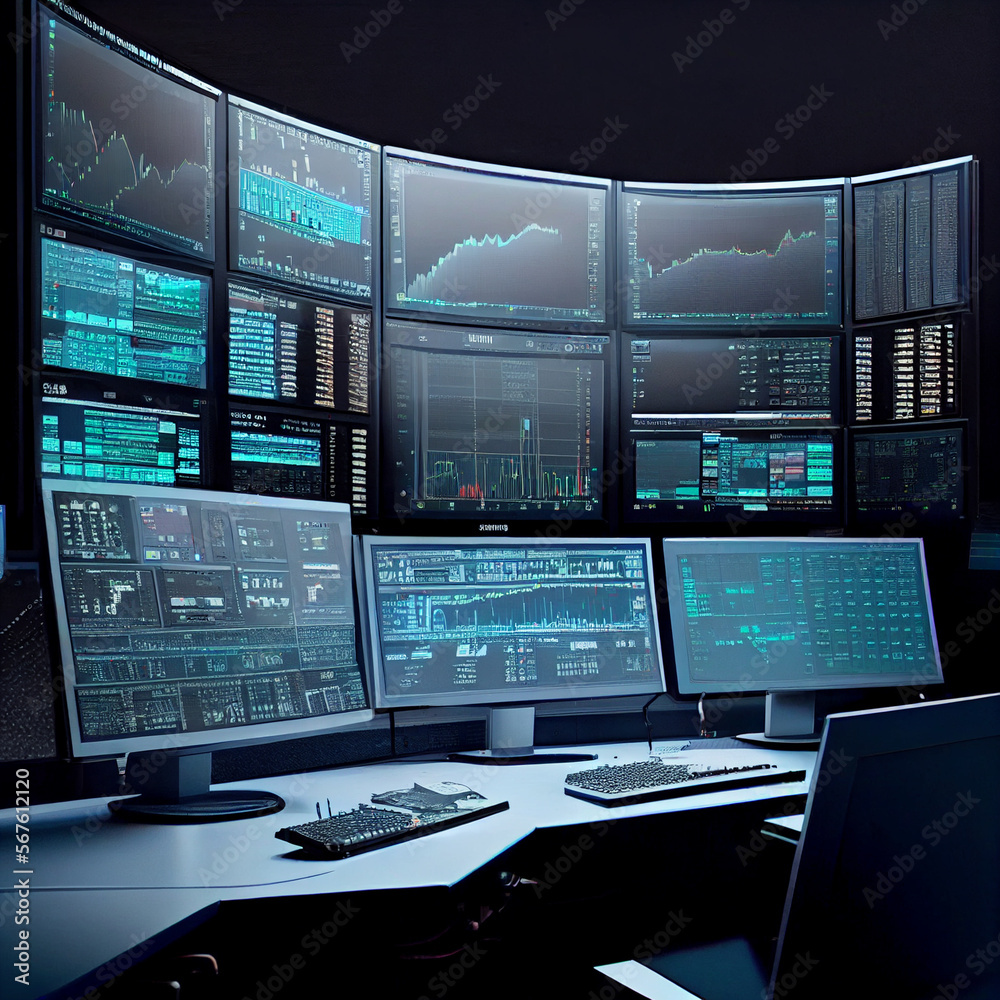 Multiple computer screens. Monitoring system with multiple displays on ...