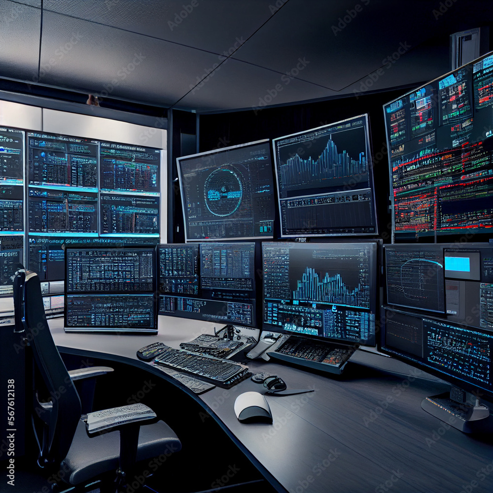 Multiple computer screens. Monitoring system with multiple displays on ...