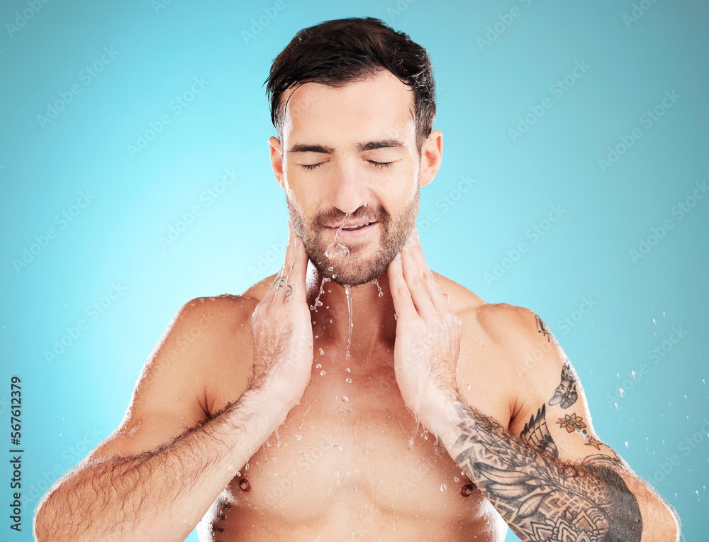 Skincare, man washing face and water, morning cleaning treatment ...