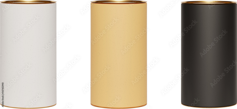 Set of kraft paper tube packages with golden lid mockup on white. Blank ...