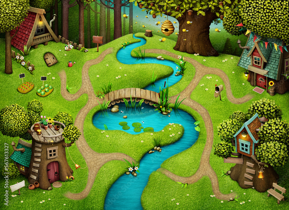 Fantasy cartoon illustration with a forest glade and houses for a ...