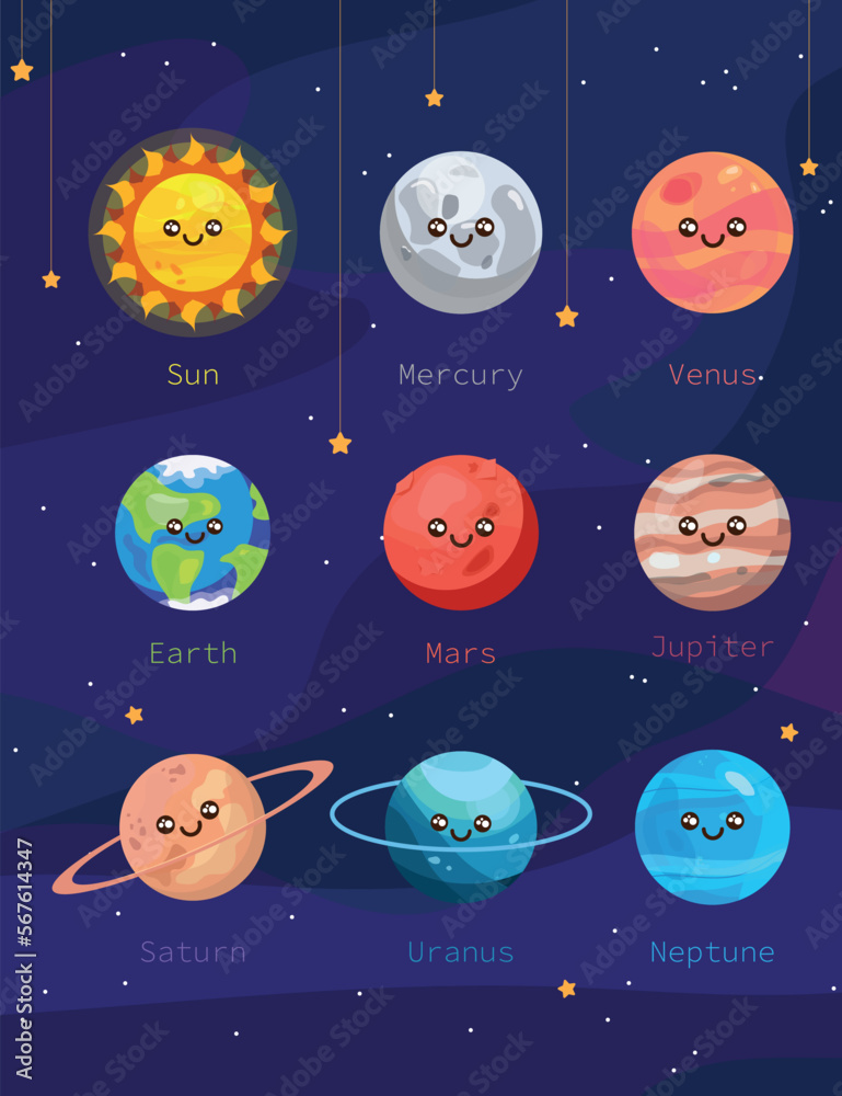 Set of solar system planets in cartoon style. Vector illustration of ...