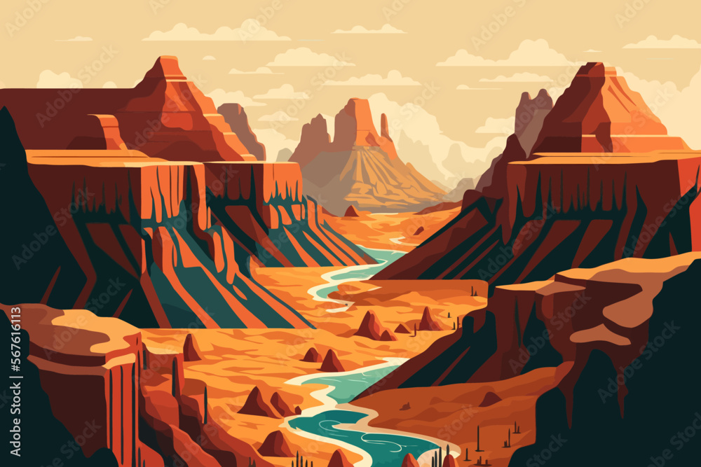 grand canyon. Desert landscape with mountains and river. Vector ...