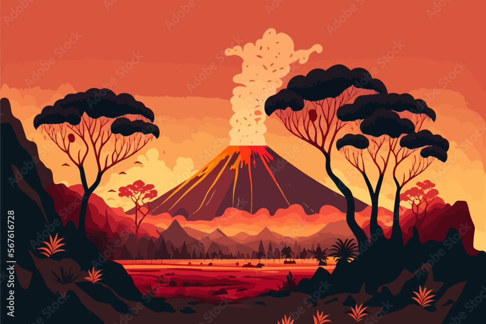 Volcanic eruption flat vector illustration. Landscape with volcano ...