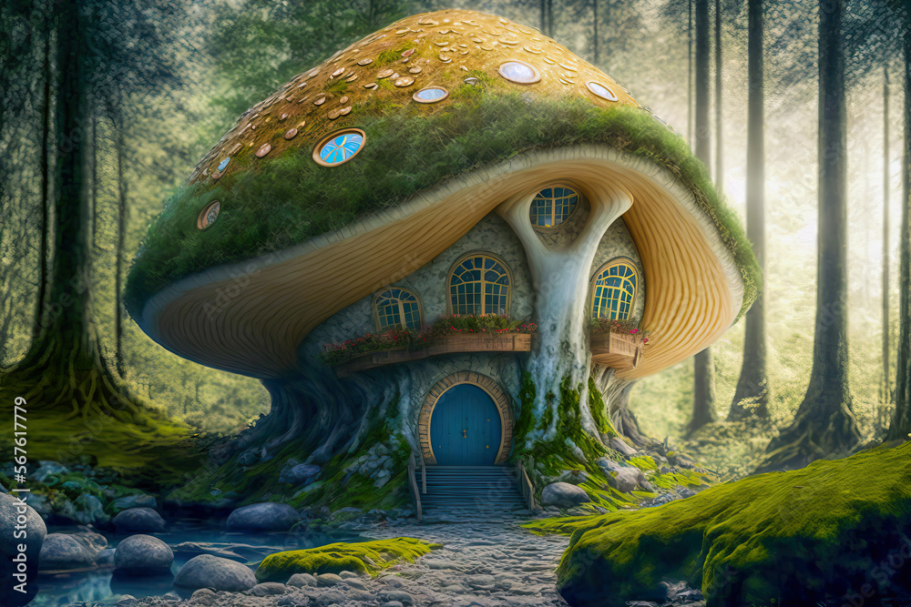 Fairytale house in a giant fantasy mushroom. House of mystical creatures in a fairy forest. Post ...