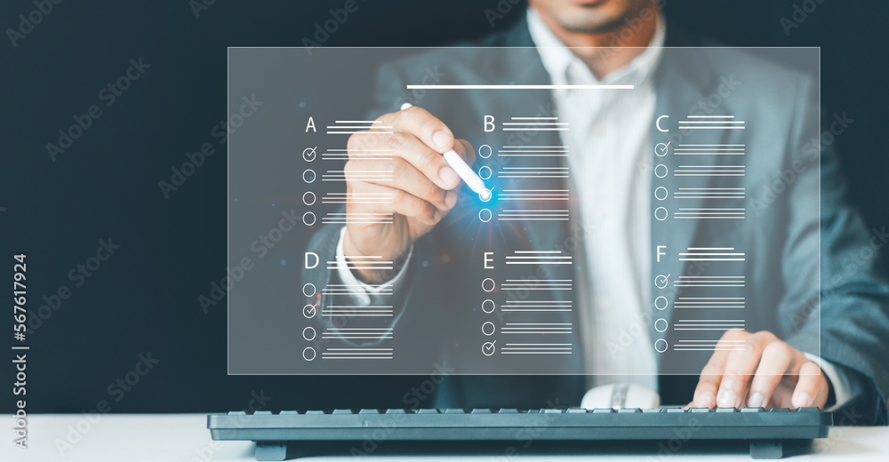 Businessmen use computers and touch on virtual screen contact ...