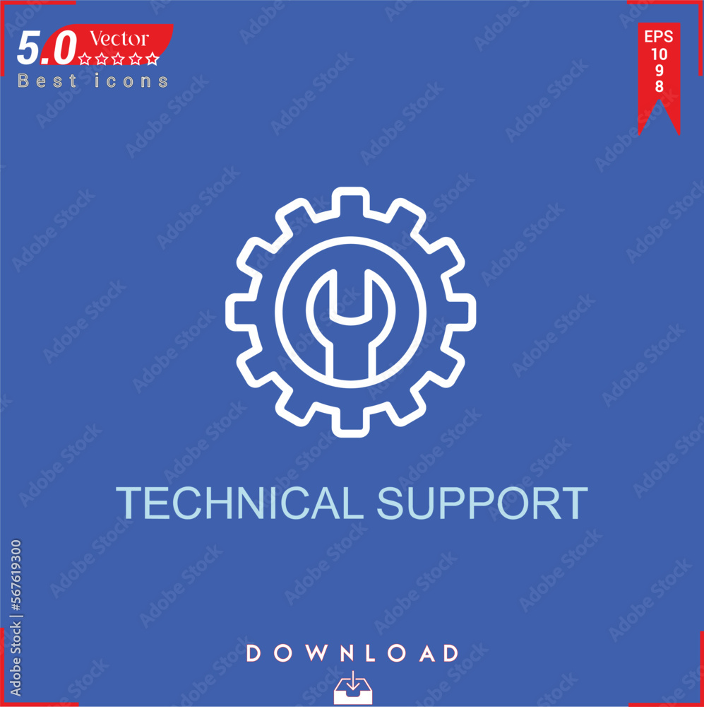TECHNICAL SUPPORT icon vector on blue background. Simple, isolated ...