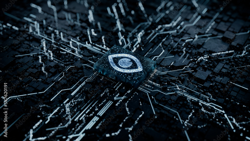 Vision Technology Concept with eye symbol on a Microchip. Data flows ...