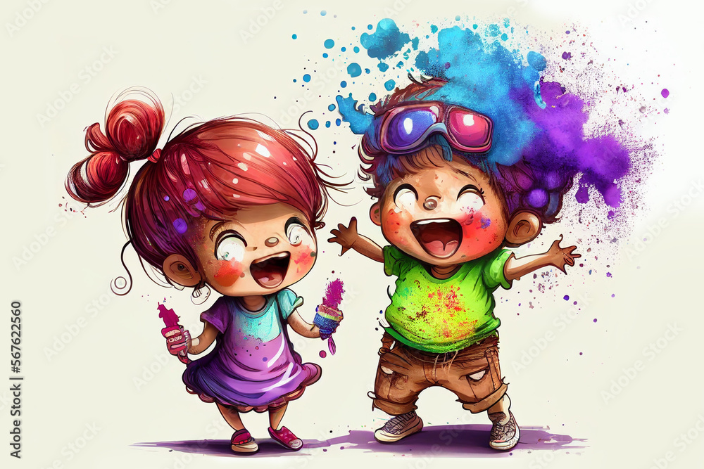 two cute happy children throwing colored powder at each other for the ...