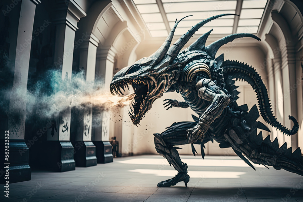 Fire breathing alien dragon concept art robotic generative ai Stock ...