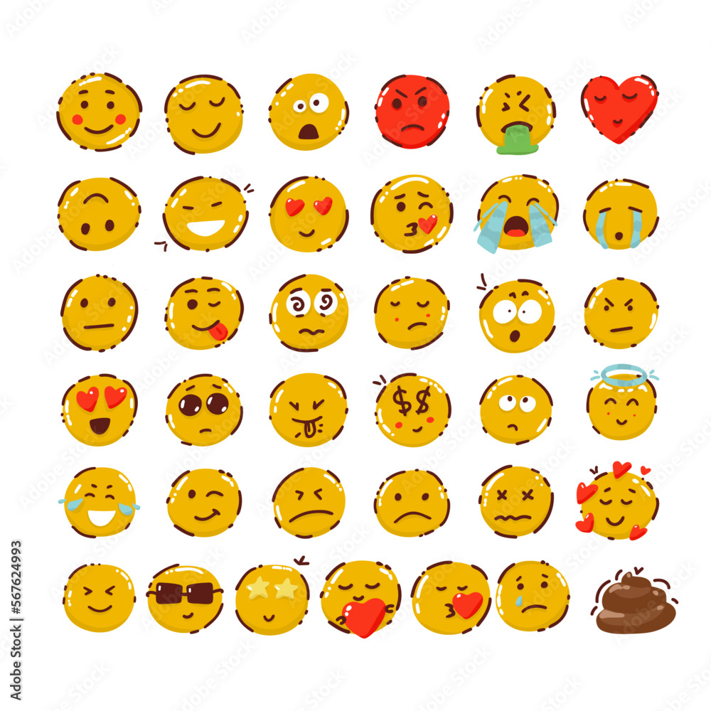 Big set of emoticon smile icons. Cartoon emoji set. Vector emoticon set ...