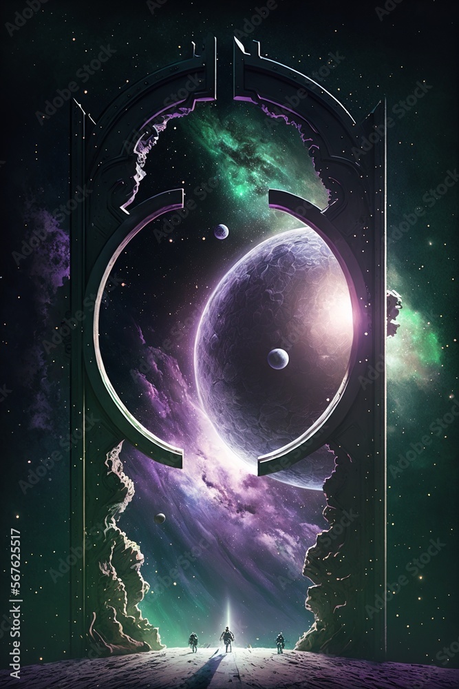 Purple and green colored giant sci-fi portal that opens up a gate to a ...
