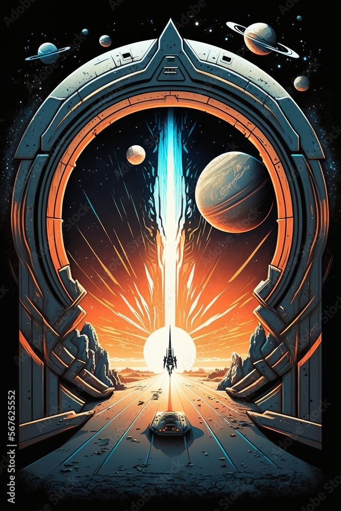 Retro artstyle sci-fi portal that opens up a gate to a different galaxy ...