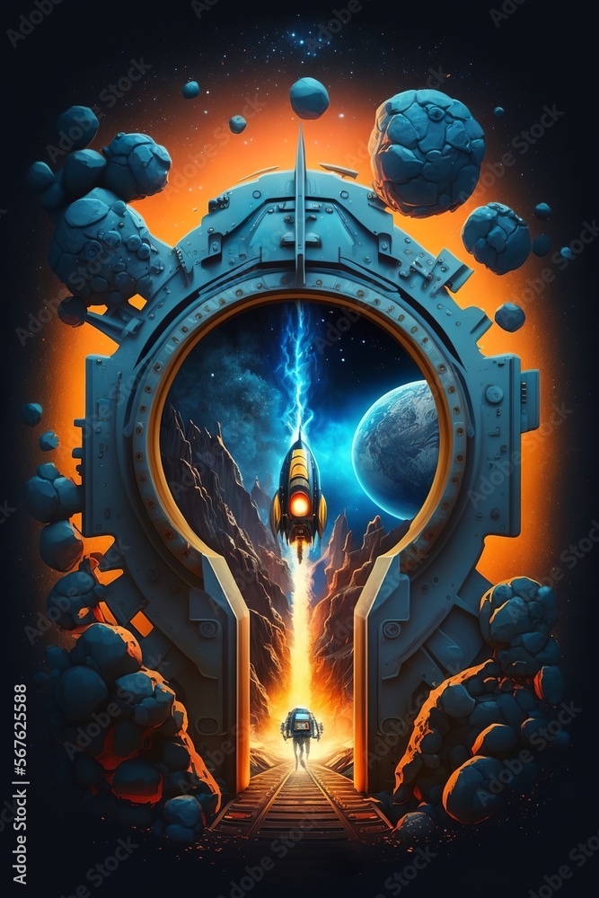 Retro artstyle sci-fi portal that opens up a gate to a different galaxy ...