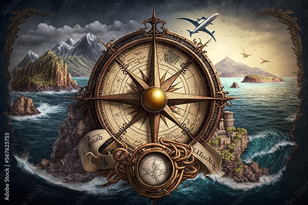 Vintage looking compass with waves and mountains with a treasure map ...