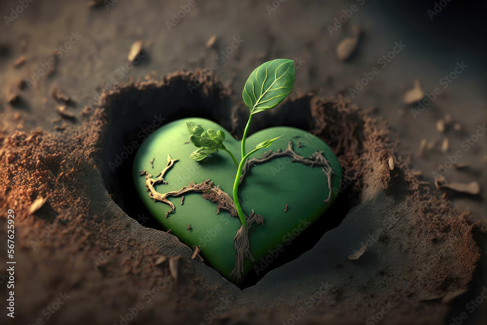 Leaf are planted on the ground in heart shape. Natural green ...