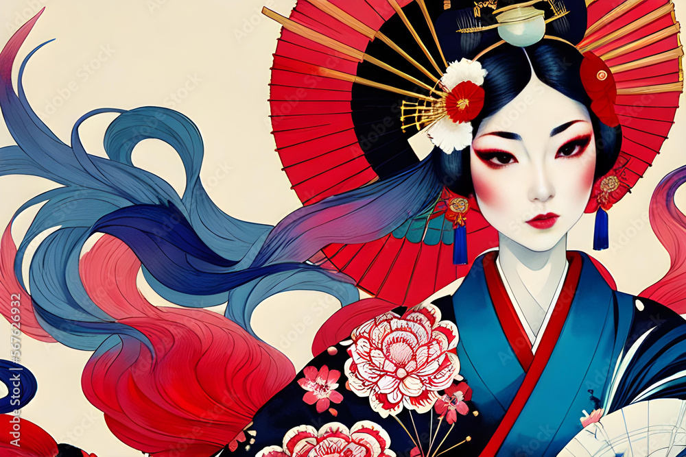 woman with fan geisha cartoon Non-existent person in generative AI ...