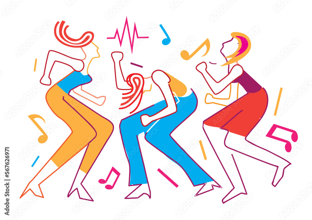 Three dancing girls, wild crazy dance party,cartoon. Expressive ...