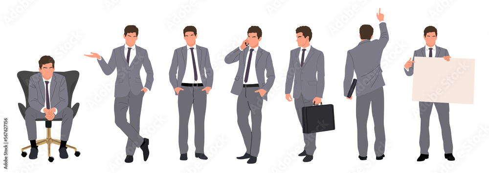 Set of Businessman character in different poses sitting, standing ...