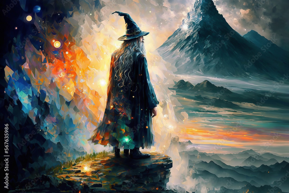 Generative AI illustration of wizard with long gray hair standing on ...
