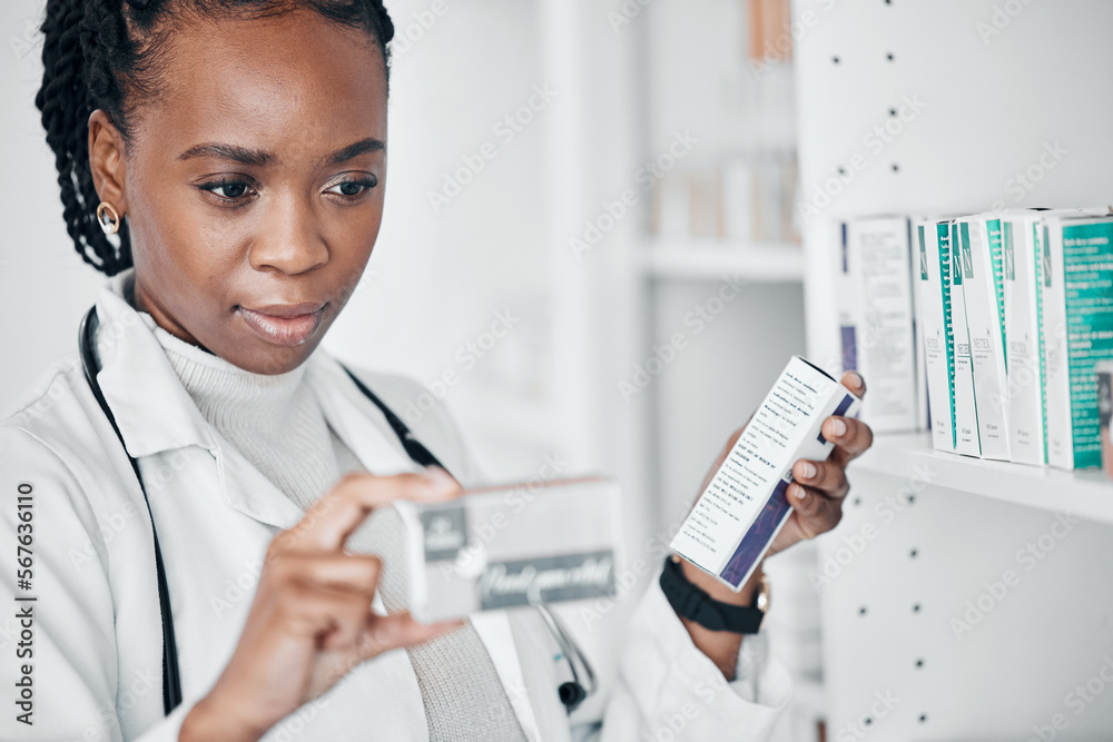 Pharmacy, healthcare and black woman reading label of pills, medicine ...