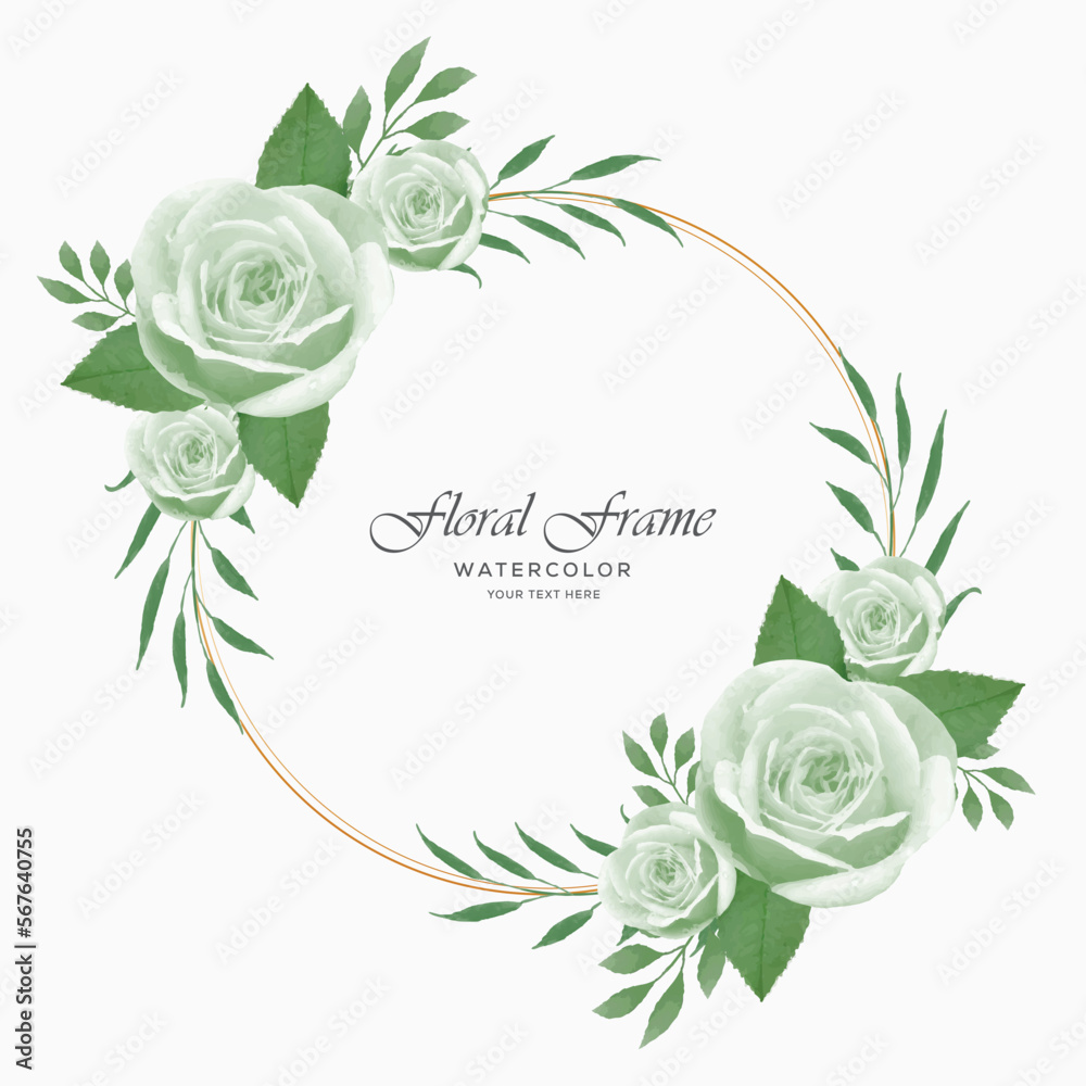 Watercolor floral frame, Cute wreath with leaves, Roses, Pyrethrum and ...