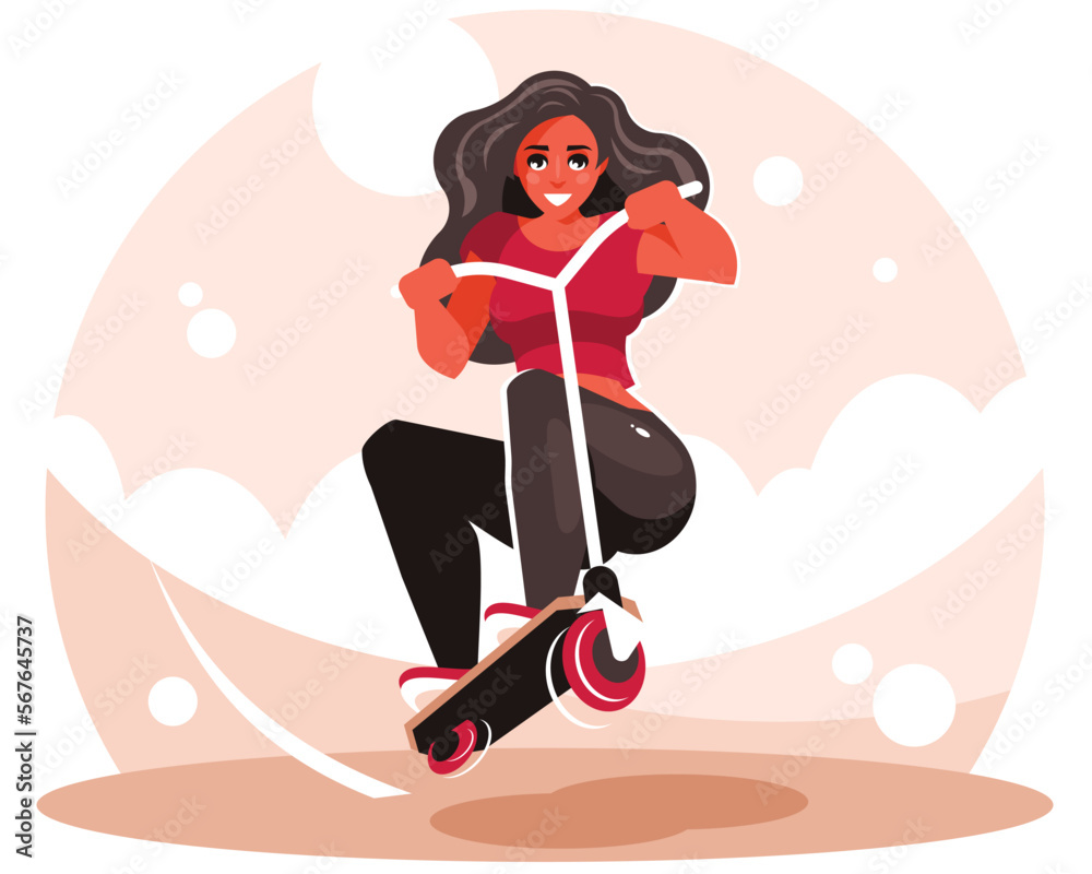 Vetor de Girl doing tricks on a stunt scooter. Woman riding a stunt ...