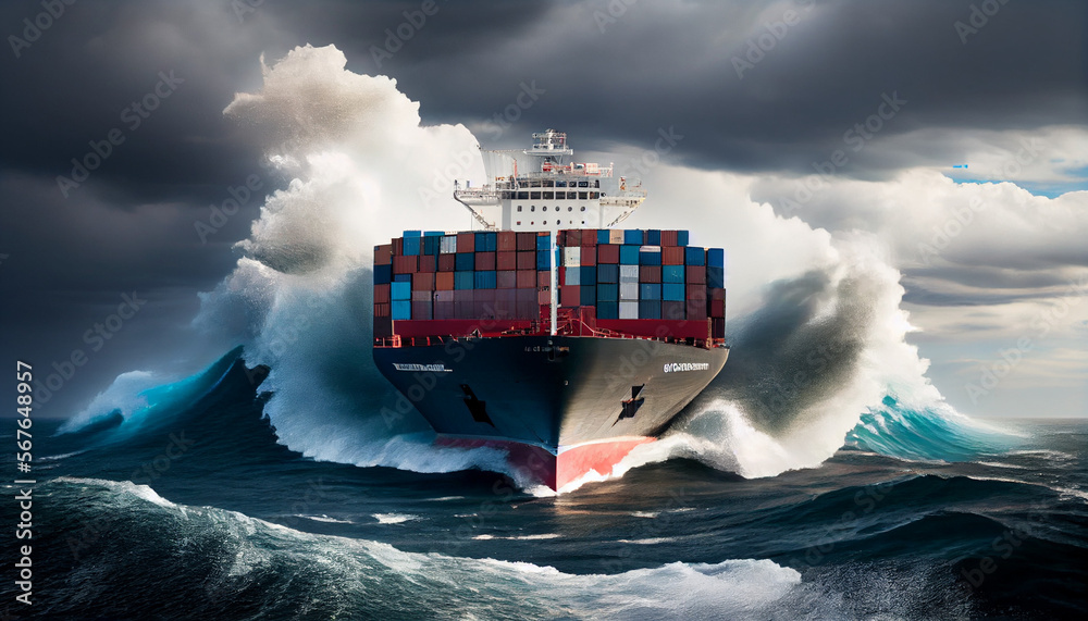 A leoaded container cargo ship is seen in front of big waves on sea ...