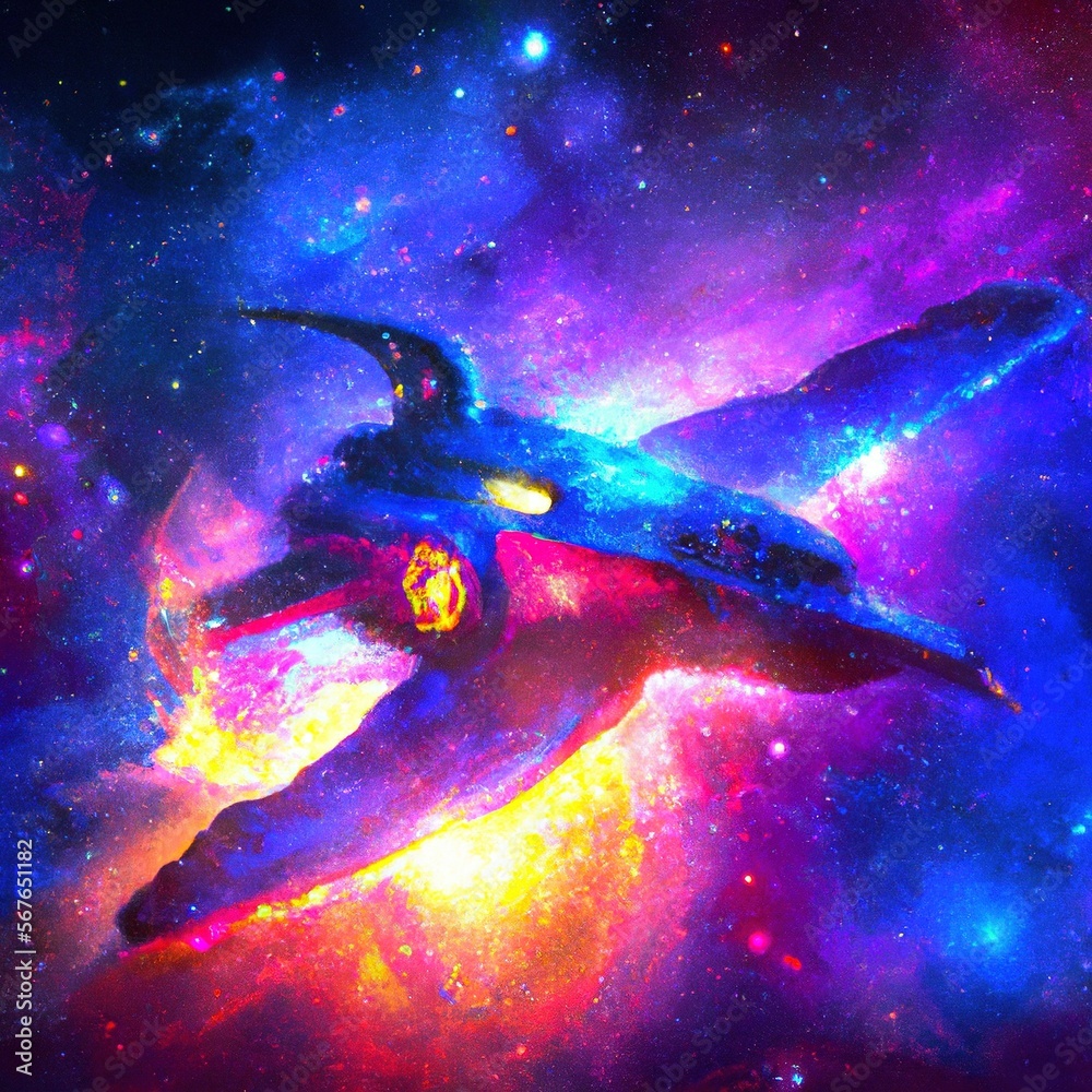 Colorful glowing bird like paceship flying, alien UFO spacecraft in ...
