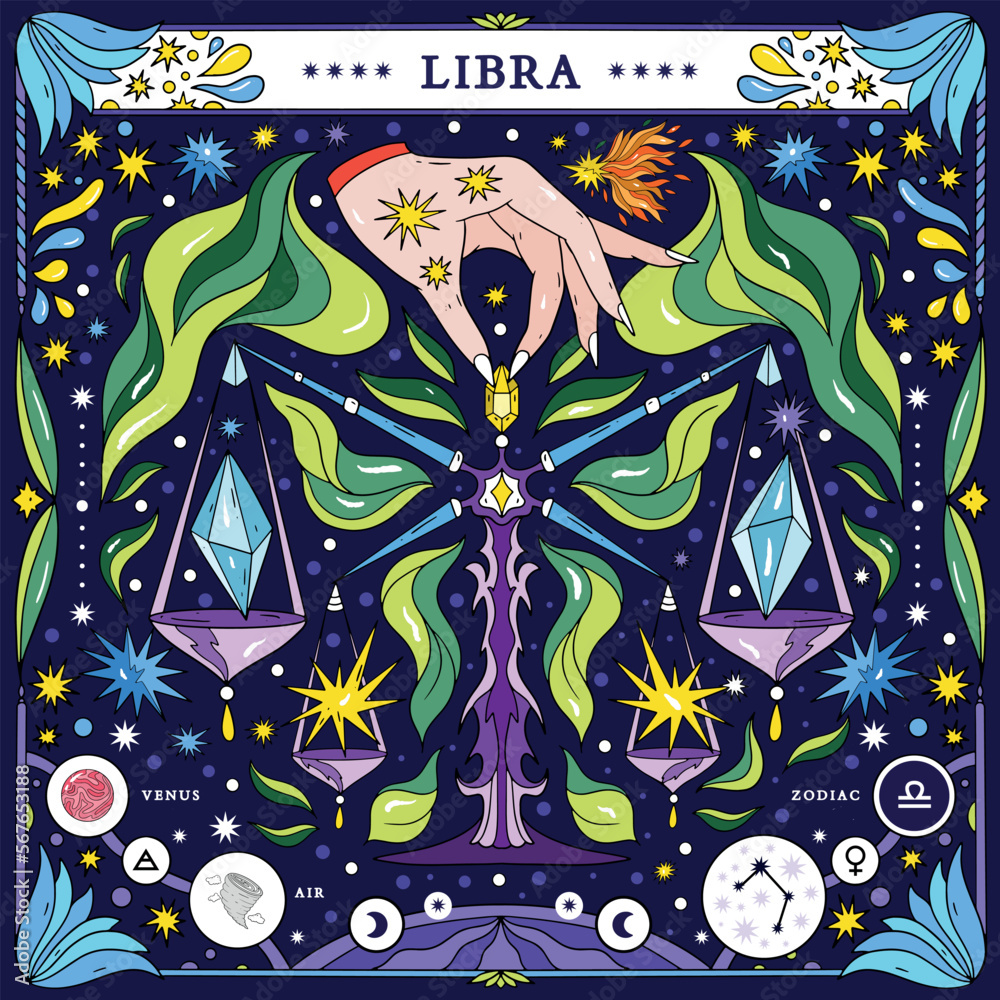Libra sign of the zodiac. Modern magical astrological map. Magical girl ...