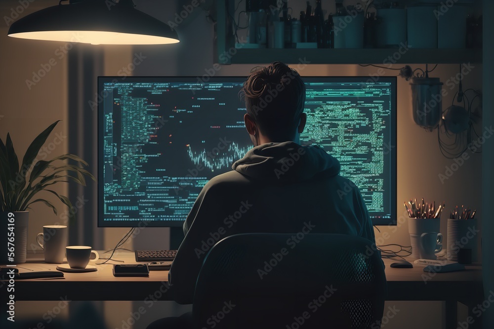 Back View Of A Man Programming Coding For Cyber Security And Working Late At Home Generative
