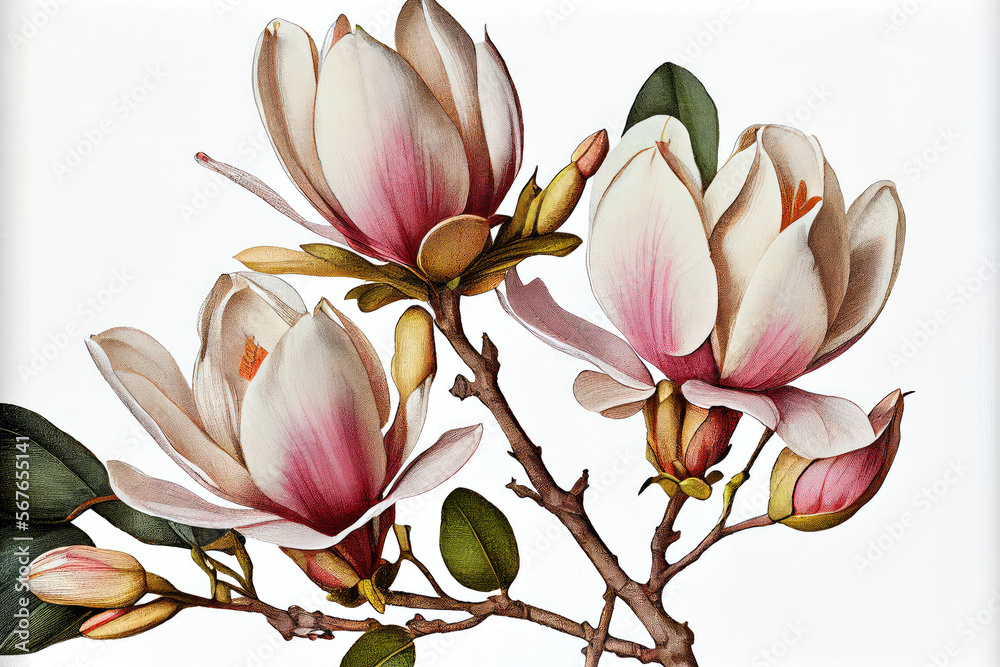 Magnolia Flower Isolated, Vintage Painting, White Magnolia Drawing ...