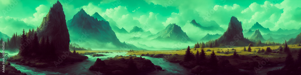 A panoramic painting depicts a dangerous and ominous landscape of ...