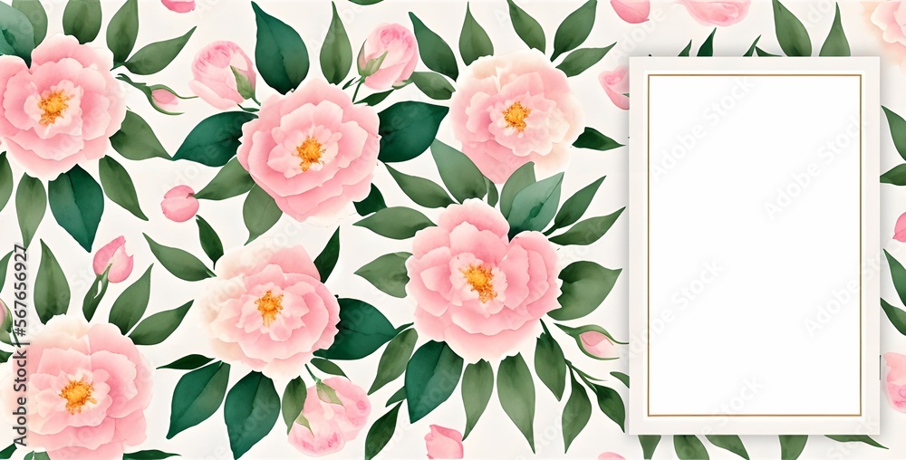 Watercolor pink flower background design with dedicated frame for text ...